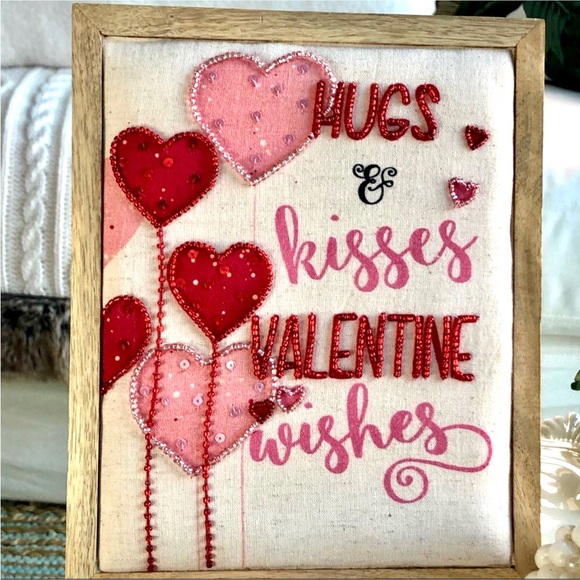 Accents | Nwt Hand Sewn Beaded Sequin Valentines Day Hug Kisses Wood ...